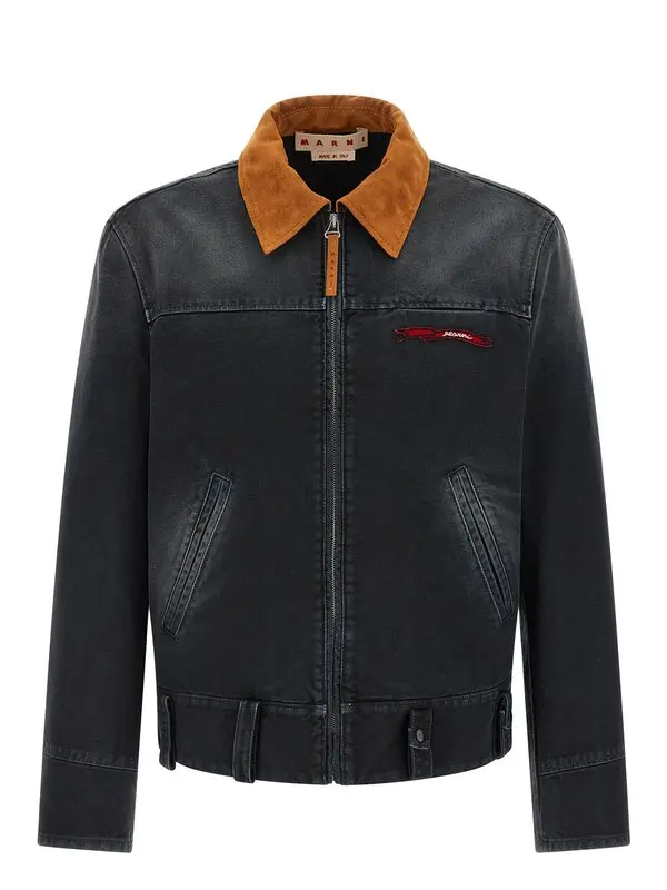 Marni Canvas Jacket With Suede Collar And Logo Detail - Gray