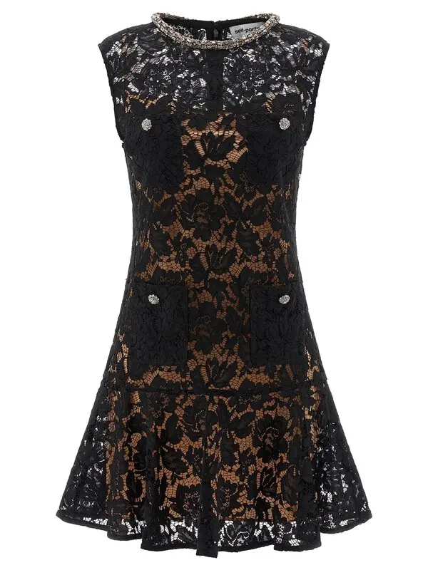SELF-PORTRAIT Lace Crystal Mini Dress - Black