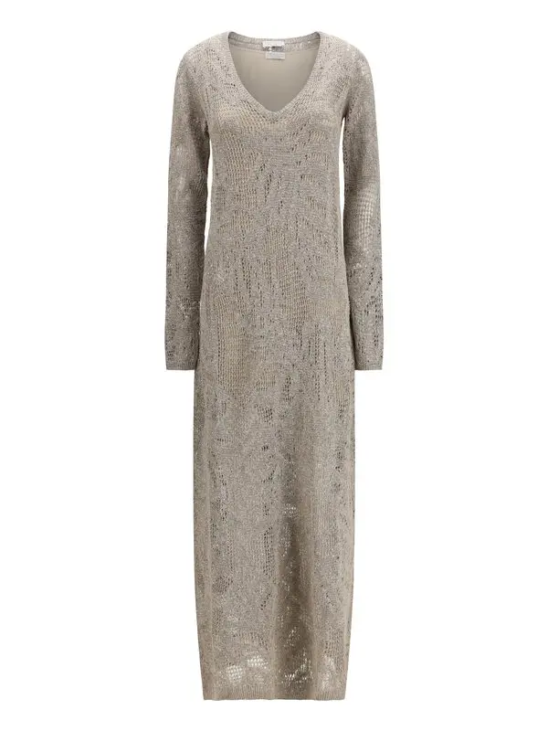 Brunello Cucinelli Knit Sequin V-neck Long Sleeve Dress - Cream