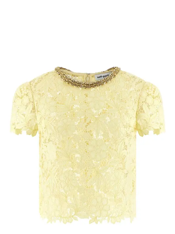 SELF-PORTRAIT Lace Crewneck Top With Pearl And Crystal Embellishment - Yellow
