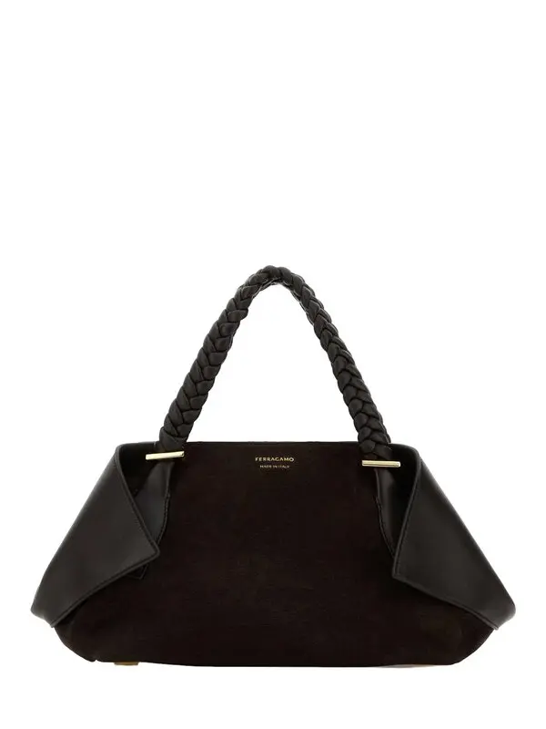 FERRAGAMO Dark Suede Handbag With Braided Handle - Brown