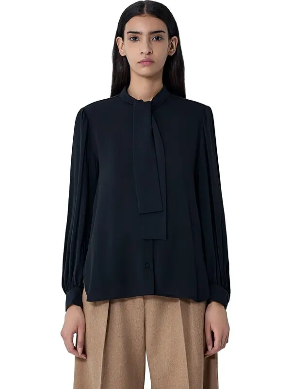 Max Mara Silk Button-down Shirt With Self-tie Neckline - Black
