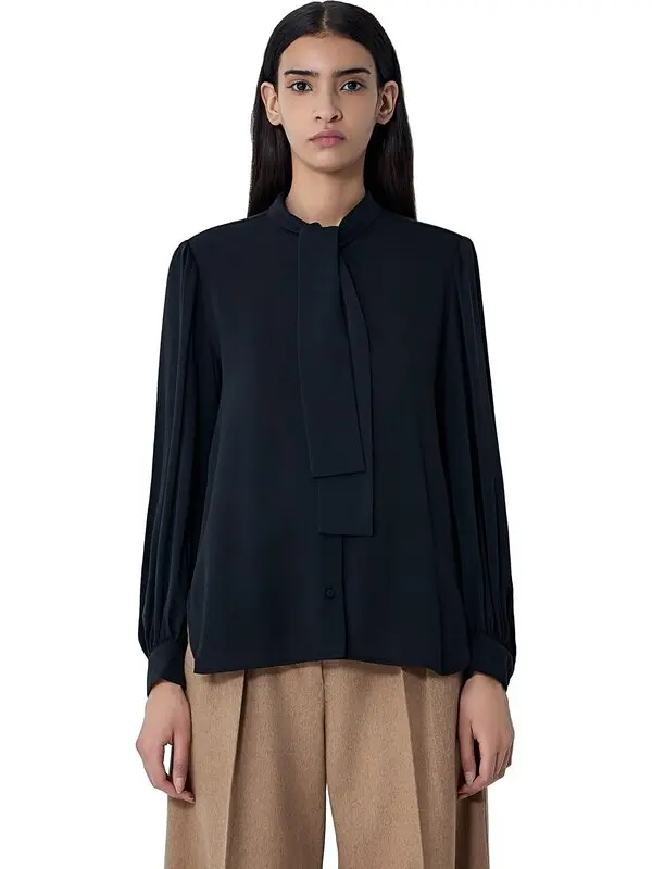 Max Mara Silk Button-down Shirt With Self-tie Neckline - Black