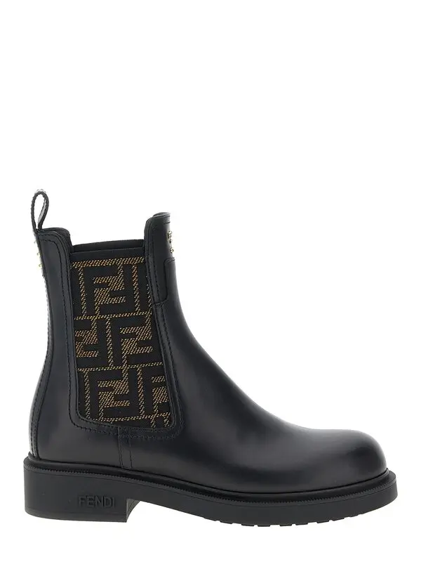 Fendi Filo' Leather Ankle Boots With Ff Fabric Insert - Black