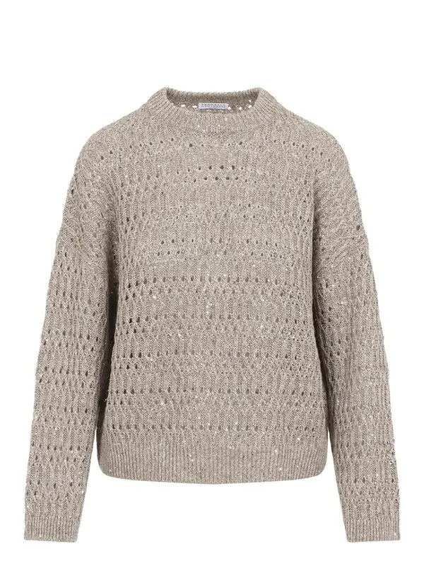 Brunello Cucinelli Long Sleeve Linen Sweater With Rhinestone Embellishments - Multicolor