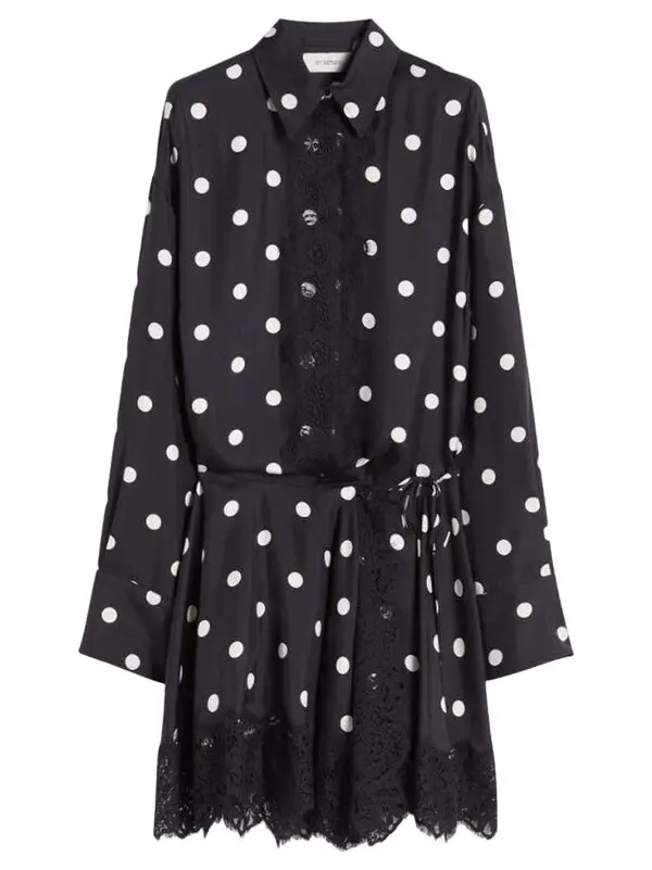 Sportmax Silk Polka Dot Shirt Dress With Lace Trim - Black