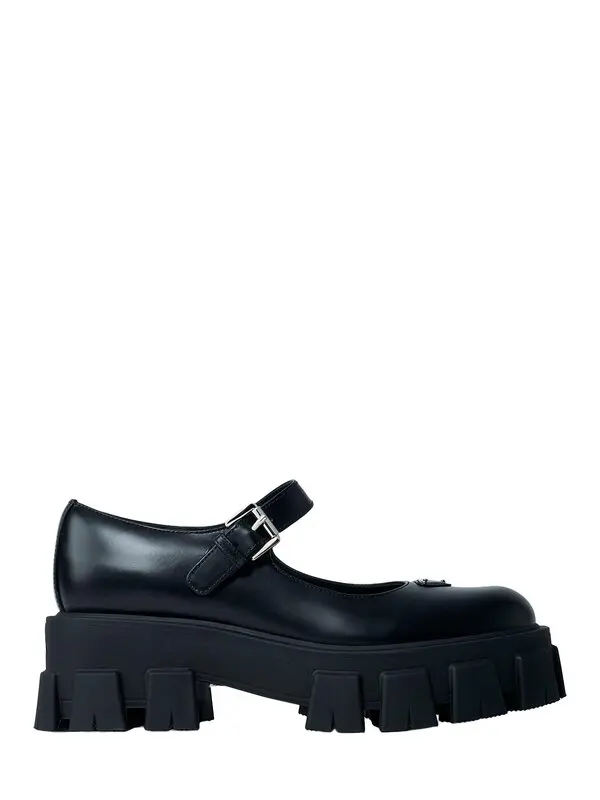 Prada Leather Platform Flats With Buckle And Logo Plaque - Black