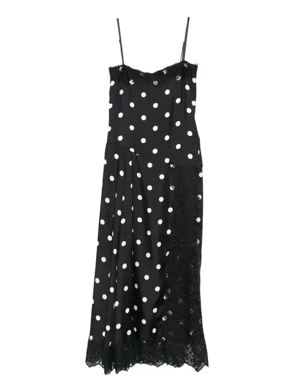 Sportmax Long Polka Dot Lace Trimmed Silk Dress - Black
