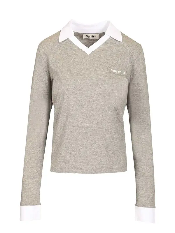 Miu Miu Cotton Jersey Collared Sweatshirt With Logo Detail - Gray
