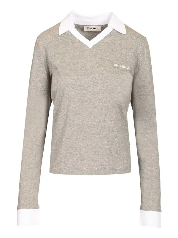 Miu Miu Cotton Jersey Collared Sweatshirt With Logo Detail - Gray