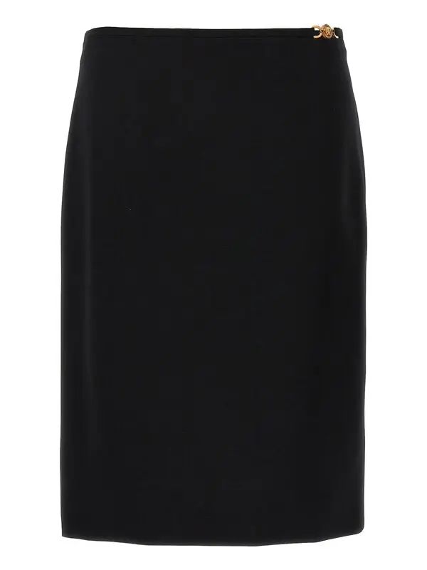 Versace Stretch Wool Midi Skirt With Logo Detail - Black