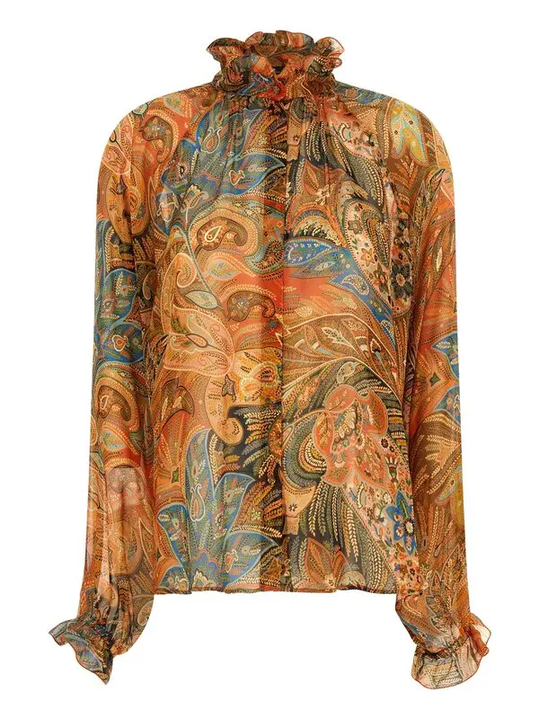Etro Paisley Print Chiffon Ruffle Collar Shirt - Multicolor