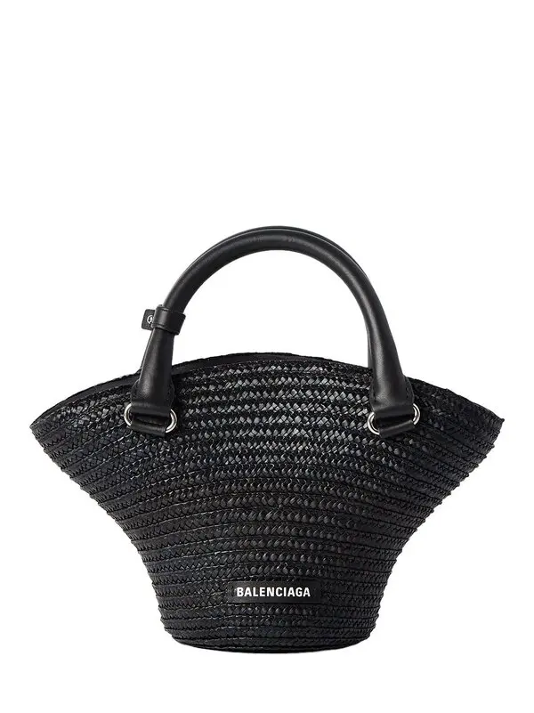 Balenciaga Straw-blend Mini Tote Bag With Logo Patch - Black