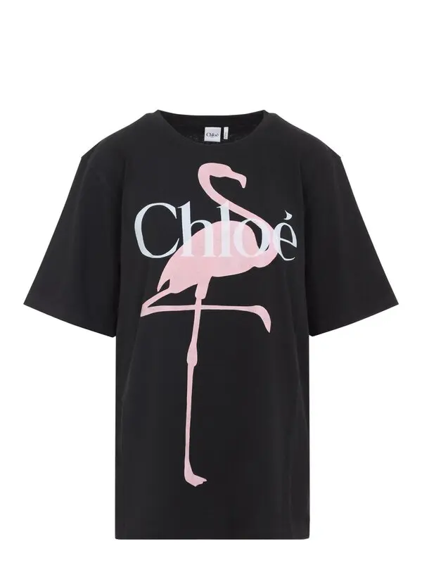 Chloé Cotton T-shirt With Flamingo Print - Black