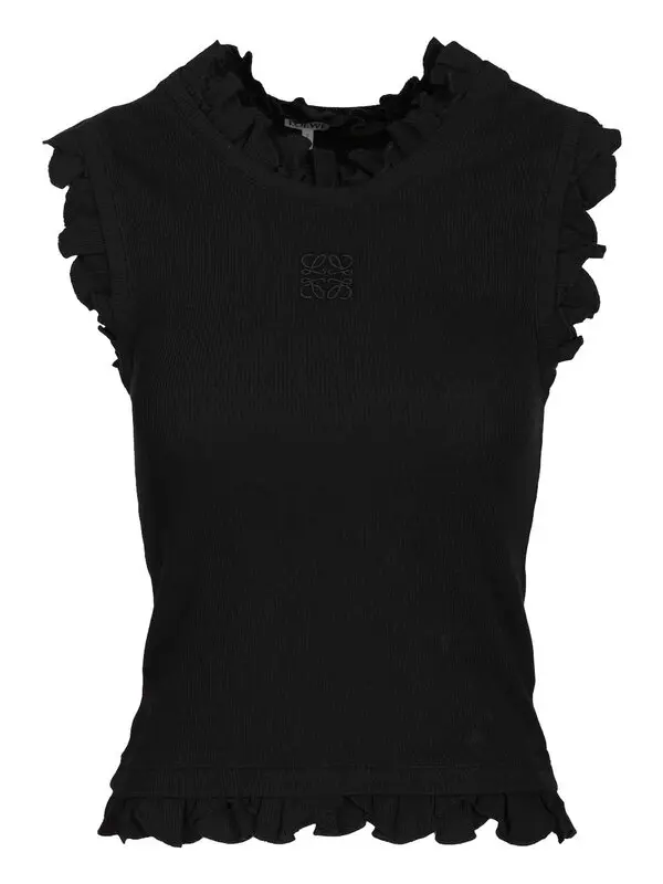 Loewe Ribbed Stretch Cotton Tank Top With Ruffles - Black