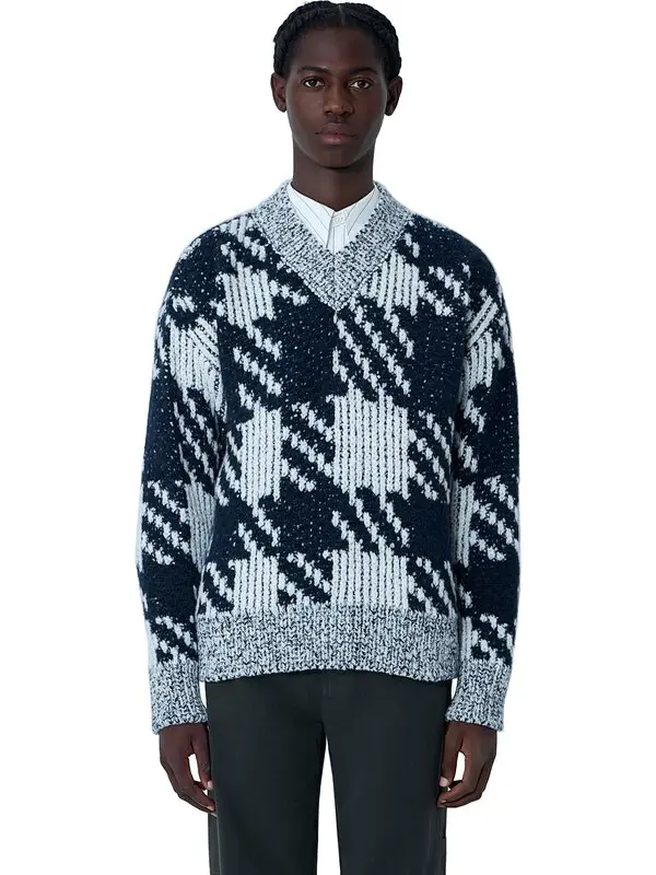 Dries Van Noten Houndstooth V-neck Wool-blend Sweater - White