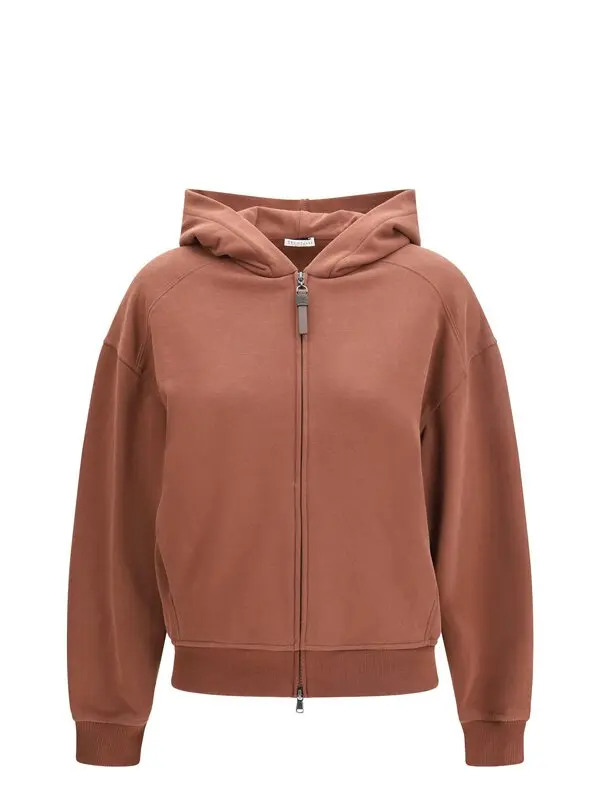 Brunello Cucinelli Hooded Smooth Cotton Sweatshirt With Shiny Zipper Pull - Brown