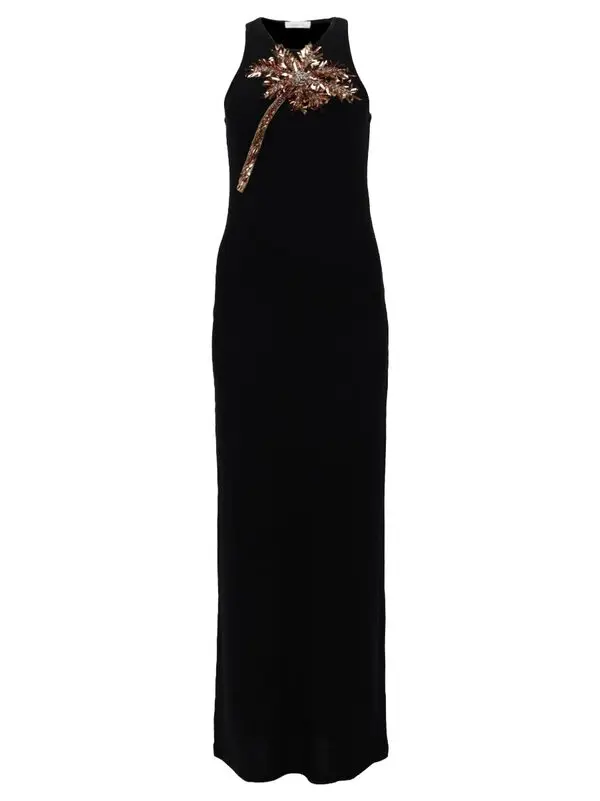 Rabanne Maxi Dress With Sequin Palm Detail - Black