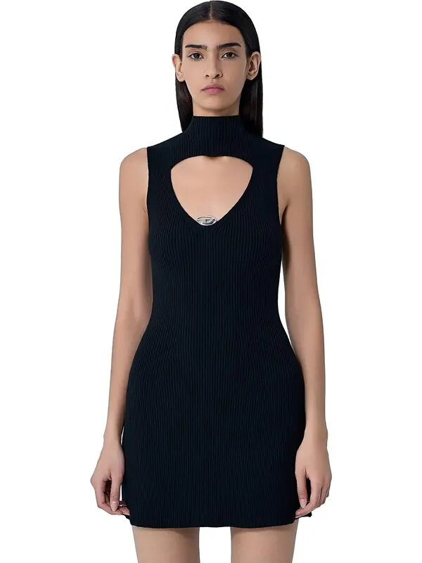 DIESEL® Ribbed Wool Mini Dress With Logo Hardware - Black