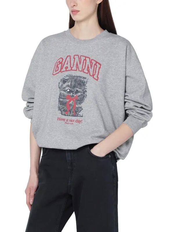 GANNI Grey Organic Cotton Crewneck Sweatshirt With Kitten Print And Logo - Gray