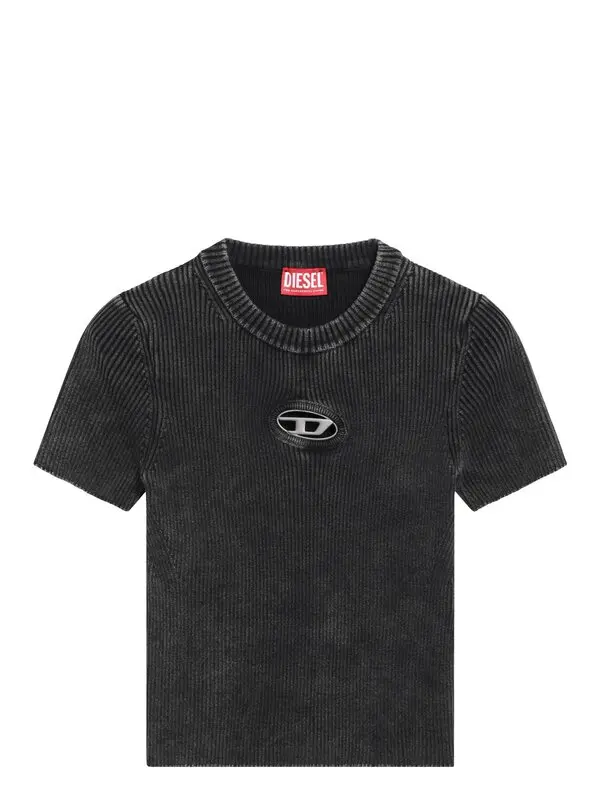 DIESEL® Cropped Washed T-shirt With Metallic Oval D Logo - Black