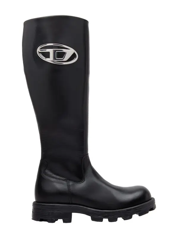 DIESEL® Leather Knee-high Boots With Side Logo Plaque - Black