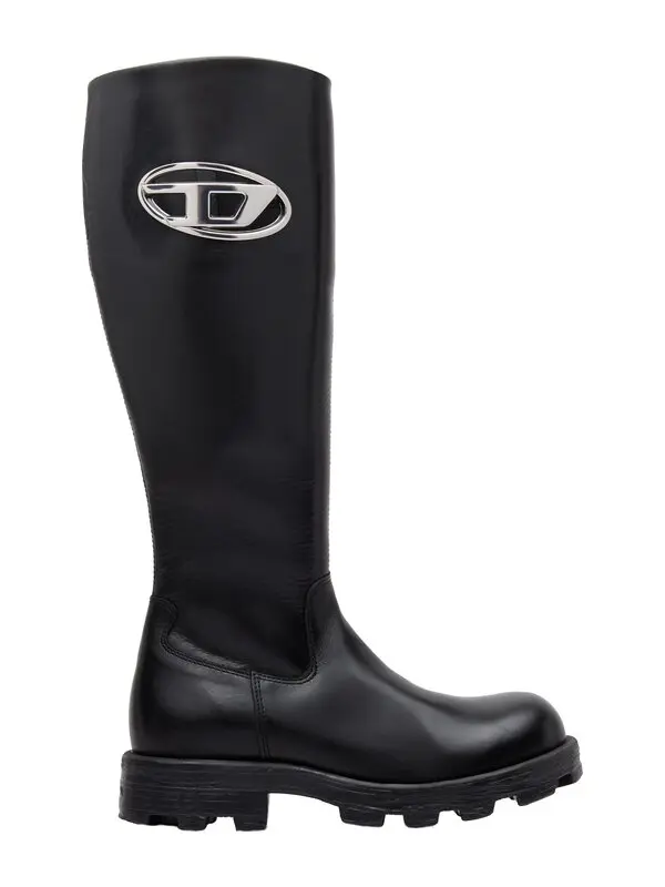 DIESEL® Leather Knee-high Boots With Side Logo Plaque - Black