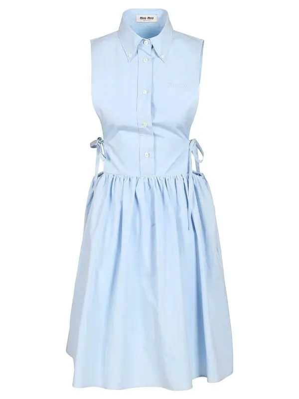 Miu Miu Sleeveless Poplin Shirt Dress With Bow Detail - Blue