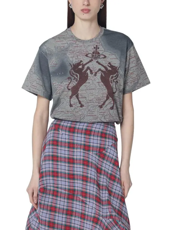 VIVIENNE WESTWOOD Grey Melange Cotton T-shirt With All-over World Print - Gray