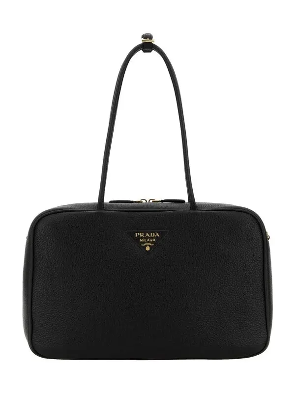 Prada Deer Leather Shoulder Bag With Golden Metal Finishing - Black