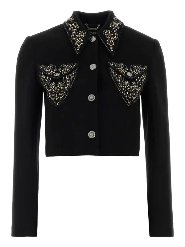 Versace Wool Blazer With Embellished Collar And Pockets - Black