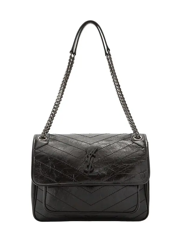 Saint Laurent Niki Medium Shoulder Bag In Shiny Grained Leather - Black