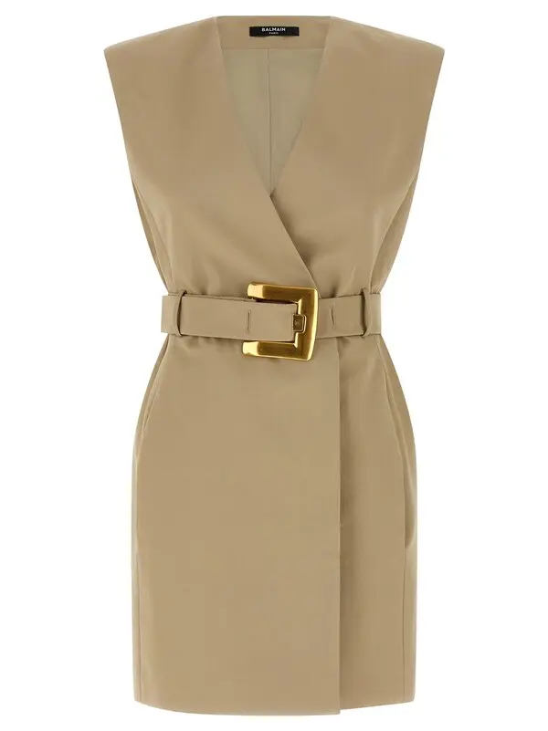 Balmain Anthem Dress In Cotton Gabardine - Cream