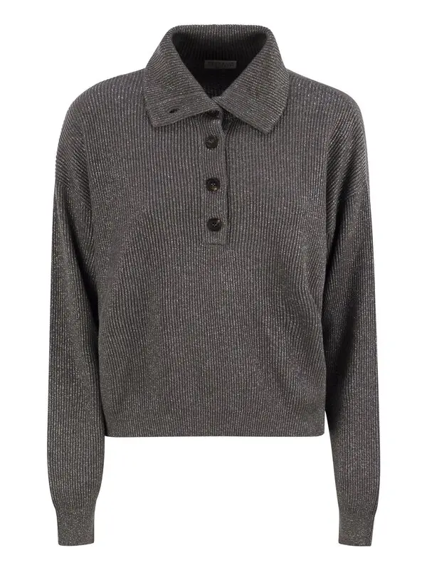 Brunello Cucinelli Cotton & Viscose Rib Knit High Collar Polo With Metallic Thread - Multicolor