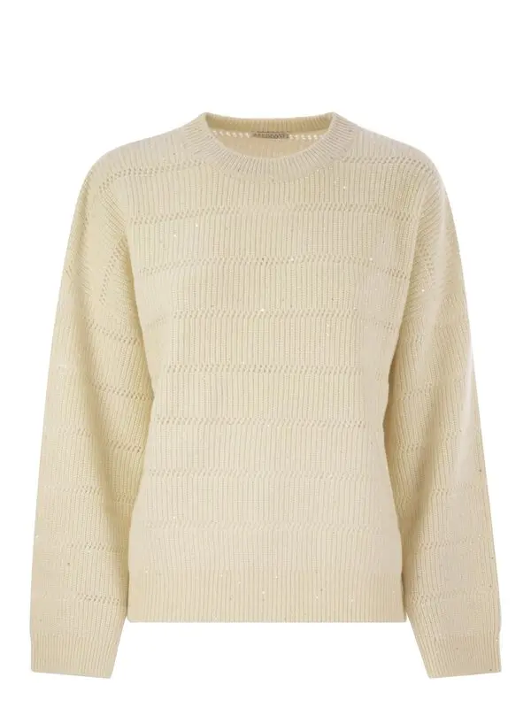 Brunello Cucinelli Cashmere And Wool Crew-neck Sweater With Sequins - Cream