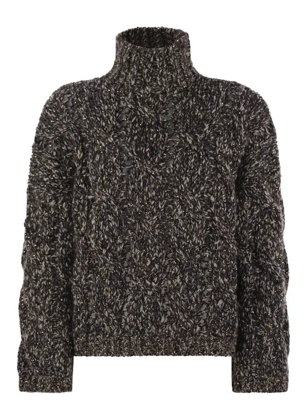 Brunello Cucinelli Soft Wool, Cashmere And Mohair Turtleneck Sweater With Braided Design And Sequins - Brown