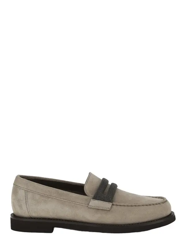 Brunello Cucinelli Suede Penny Loafers With Embellished Clamp - Gray