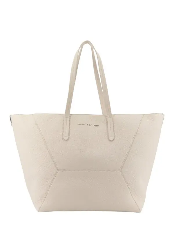 Brunello Cucinelli Duo Hammered Leather Tote Bag - White