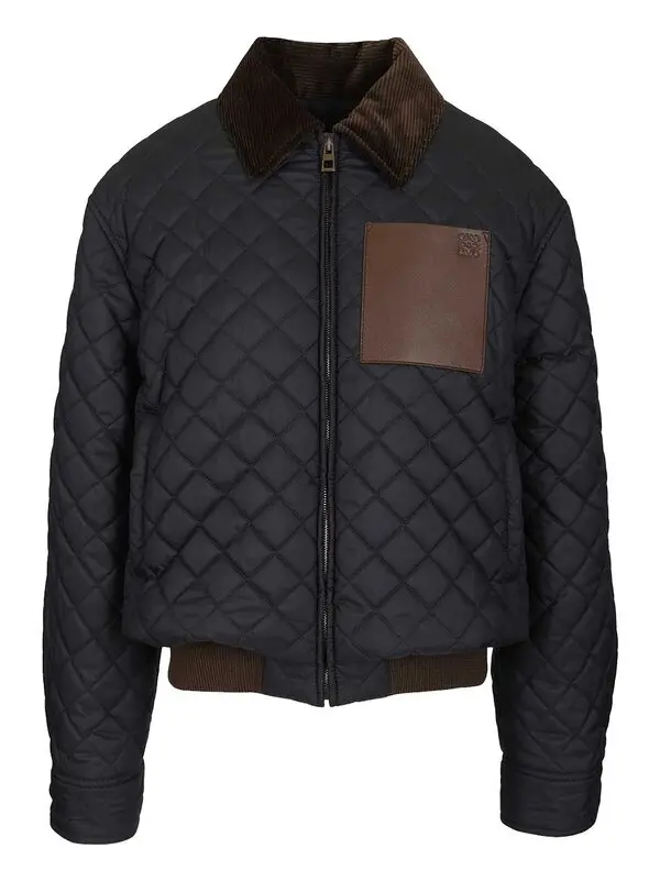 Loewe Quilted Technical Fabric Jacket With Corduroy Collar And Leather Pocket - Blue