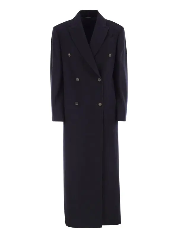 Brunello Cucinelli Long Double-breasted Wool Coat With Monile Embellishment - Blue