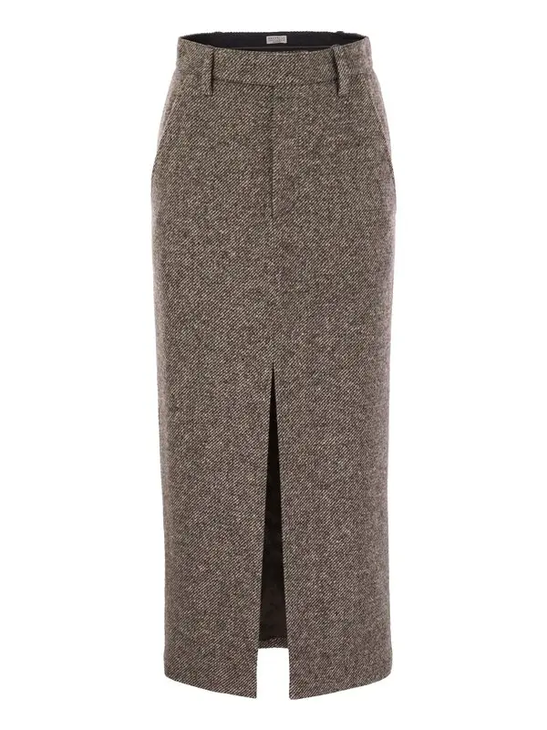 Brunello Cucinelli Sartorial Pencil Skirt In Virgin Wool And Silk Mélange - Brown