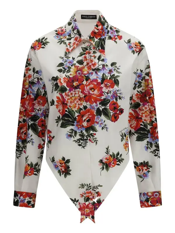 Dolce & Gabbana Cotton Shirt With Bouquet Print And Front Knot Detail - Multicolor