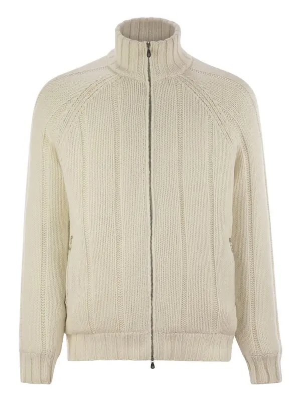 Brunello Cucinelli Cashmere Knit Down Jacket With Zip - Cream