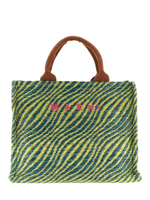 Marni Two-tone Raffia Effect Handbag With Embroidered Logo - Multicolor