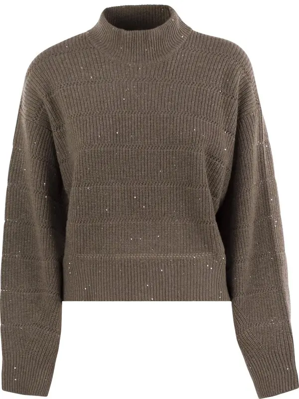 Brunello Cucinelli Cashmere And Wool Turtleneck Sweater With Sequins - Brown