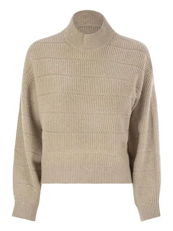 Brunello Cucinelli Cashmere And Wool Turtleneck Sweater With Sequins - Cream