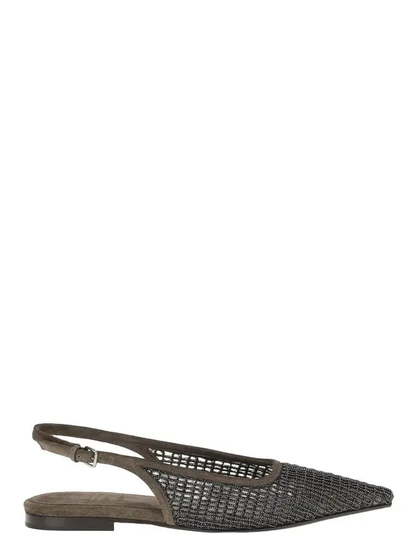 Brunello Cucinelli Pointed Slingback Ballerinas With Precious Net Embroidery - Brown