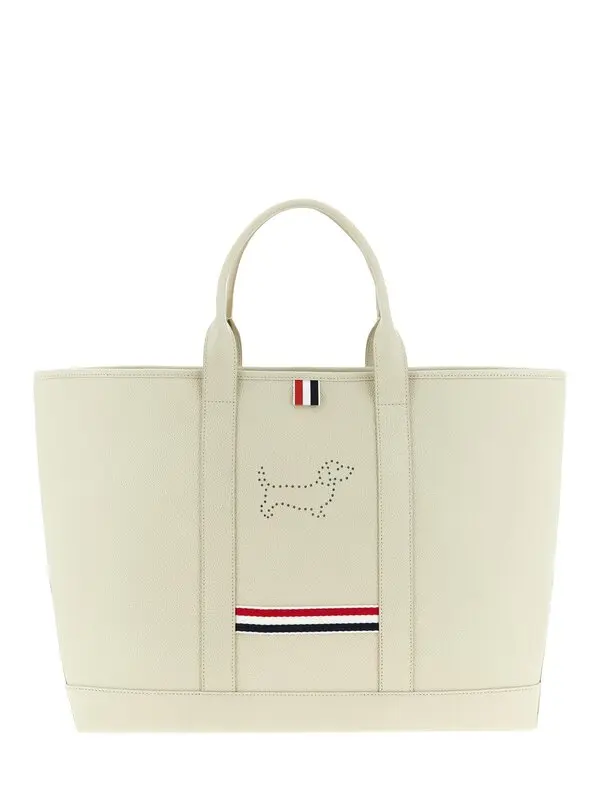 Thom Browne Pebble Grain Leather Tool Tote With Perforated Hector Detail - White