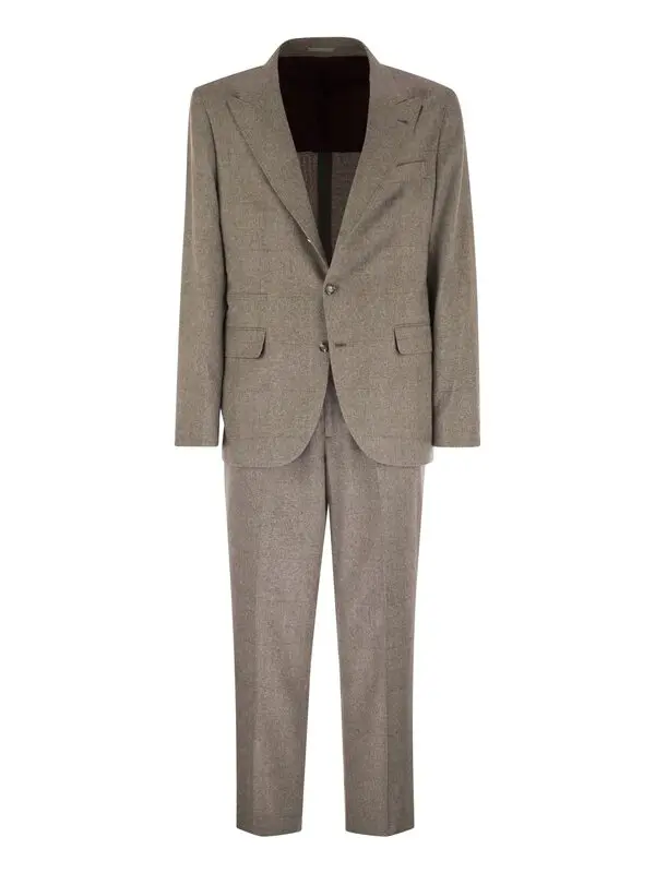 Brunello Cucinelli Prince Of Wales Flannel Suit In Silk, Wool And Cashmere - Multicolor