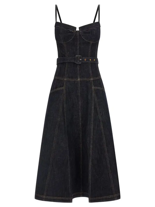SELF-PORTRAIT Indigo Denim Flared Midi Dress - Blue